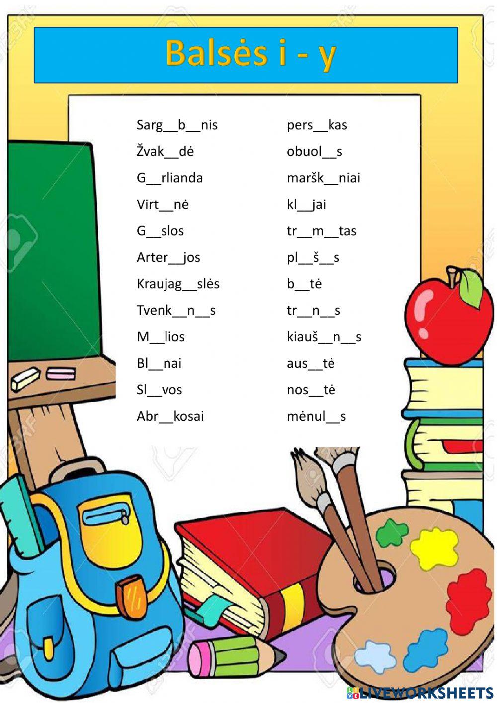 Balsės i arba y | Free Interactive Worksheets | 7091153