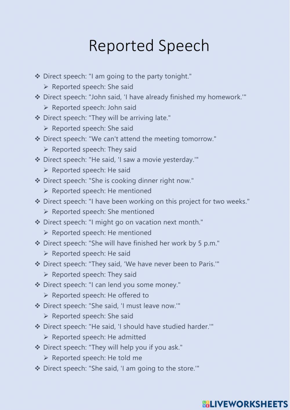 Reported Speech… | Free Interactive Worksheets | 7091572