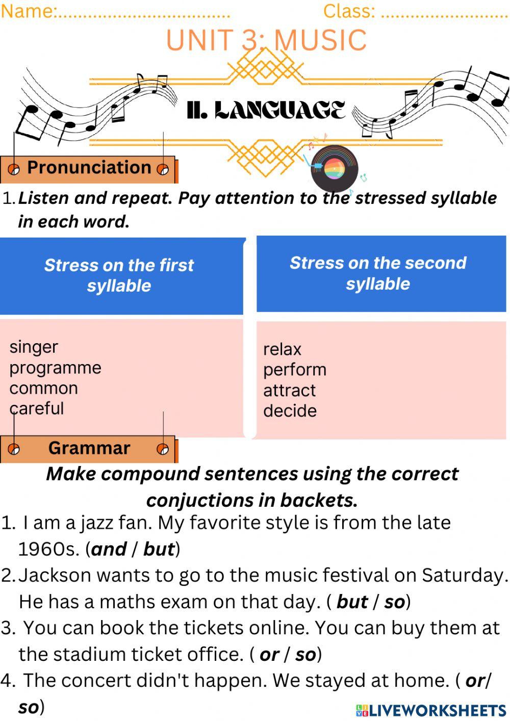 UNIT 3: MUSIC - LANGUAGE online exercise for | Live Worksheets