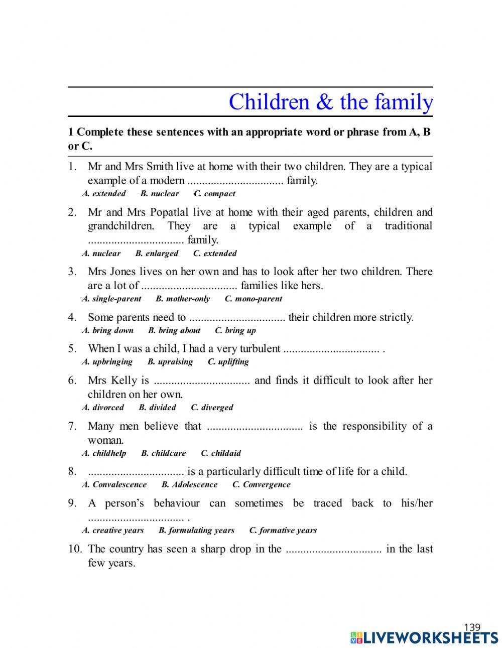 Children and Family online exercise for | Live Worksheets