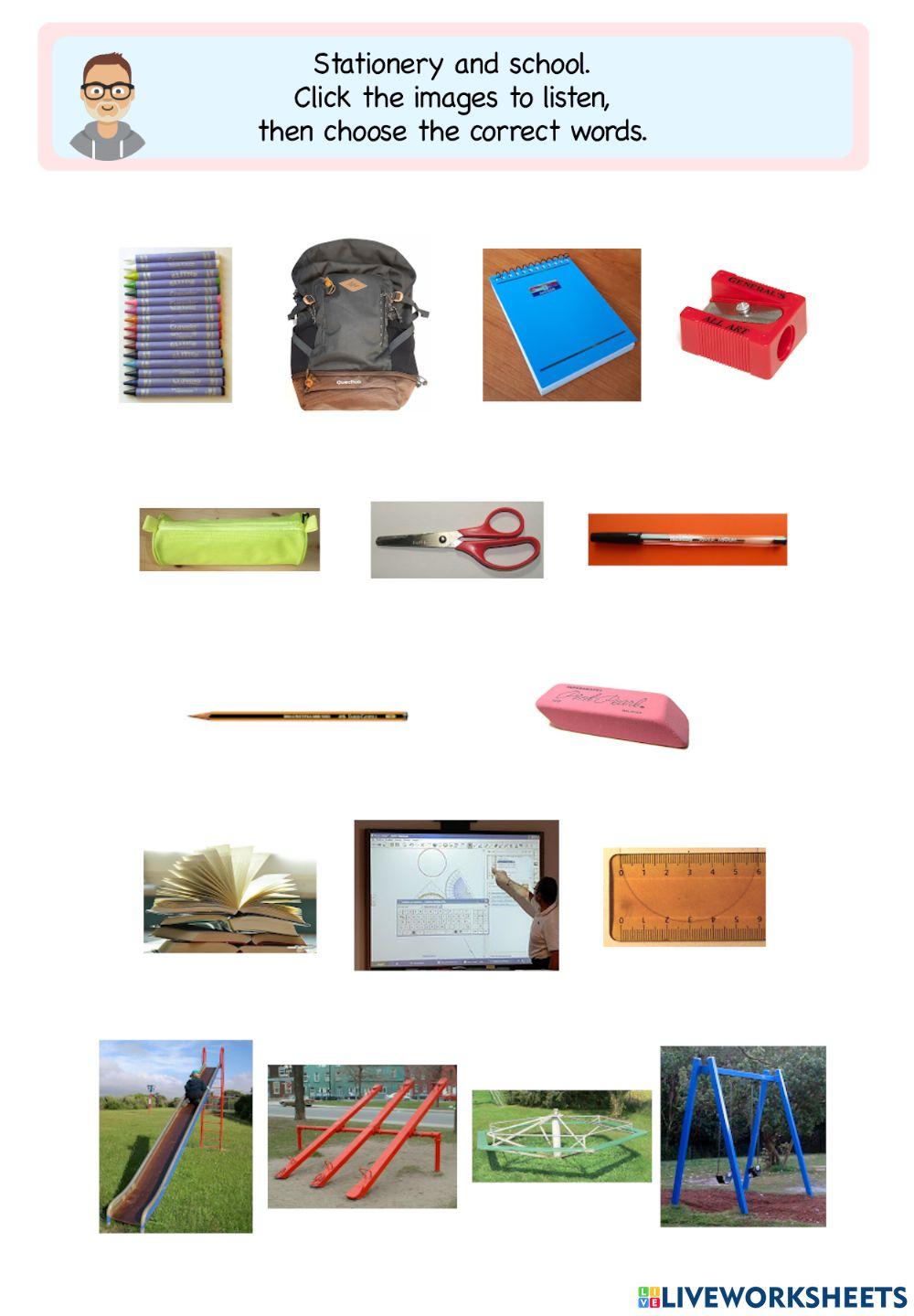 Stationery and school exercise | Live Worksheets