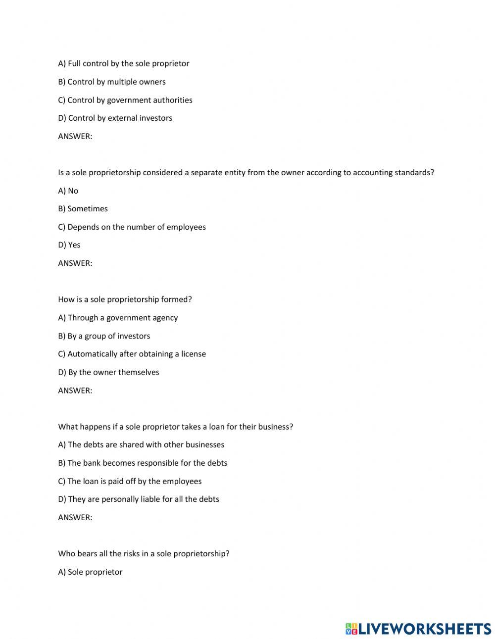 SOLE PROPRIETORSHIP online exercise for | Live Worksheets