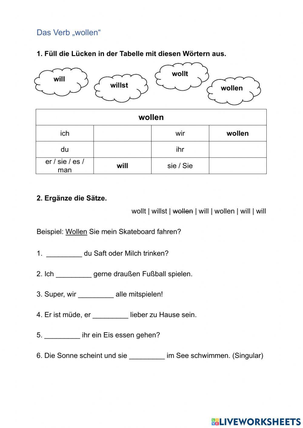 Das Verb -wolle… | Free Interactive Worksheets | 7089173
