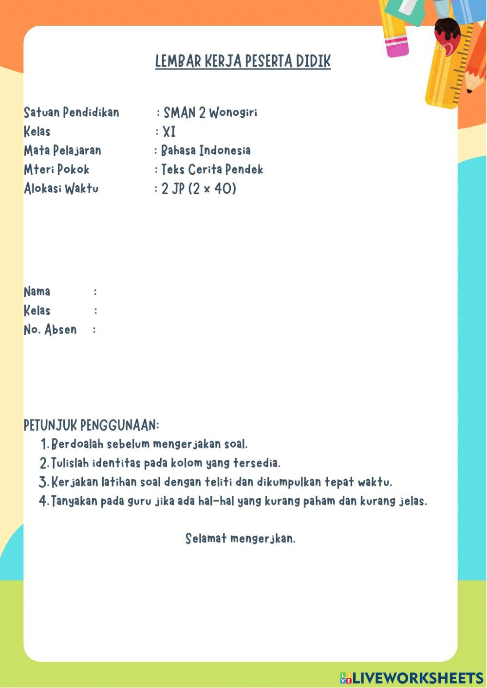Bahasa Indonesia (Teks Cerita Pendek) worksheet | Live Worksheets
