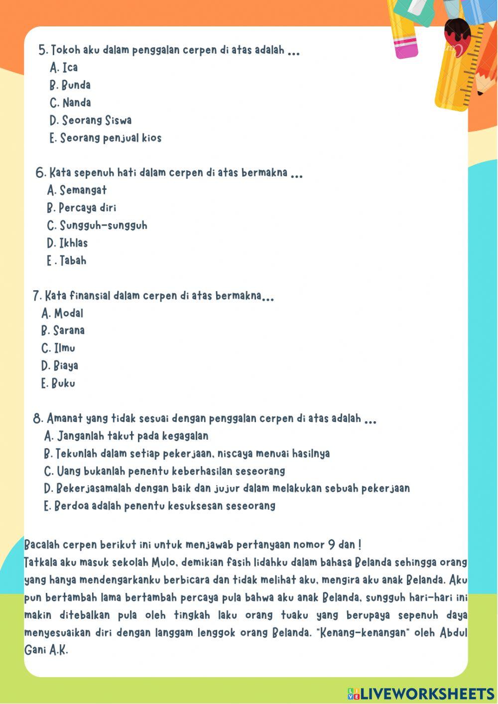 Bahasa Indonesia (Teks Cerita Pendek) worksheet | Live Worksheets