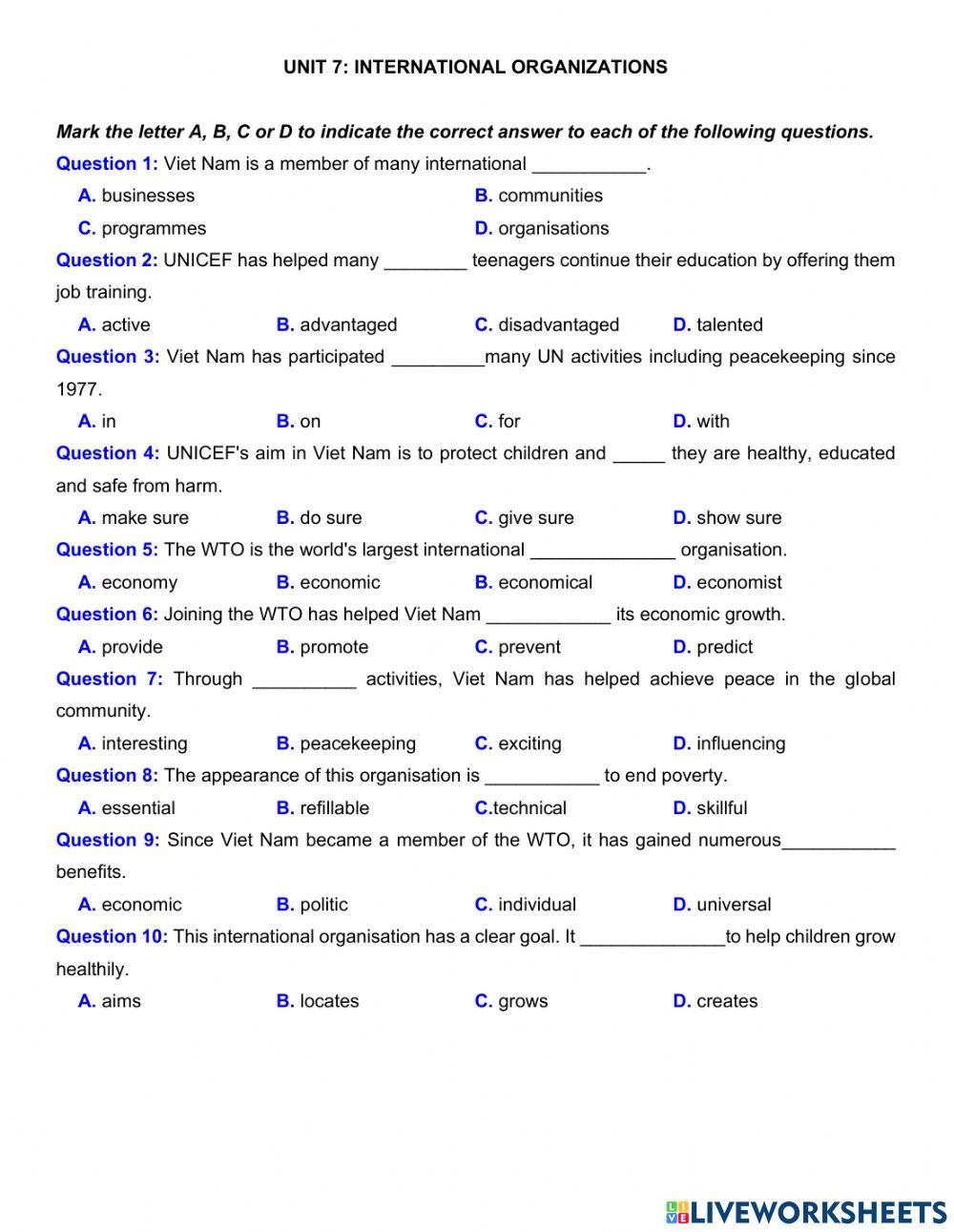 Unit 7: Vocabulary Worksheet | Live Worksheets