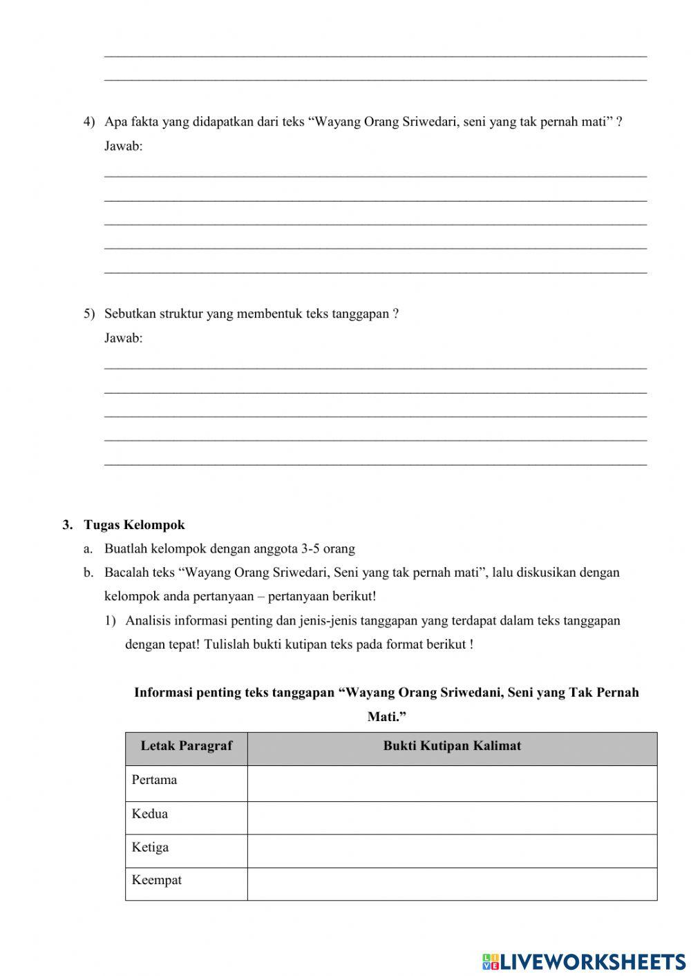 Lembar Kerja Peserta Didik Materi Pokok Teks Tanggapan worksheet | Live ...