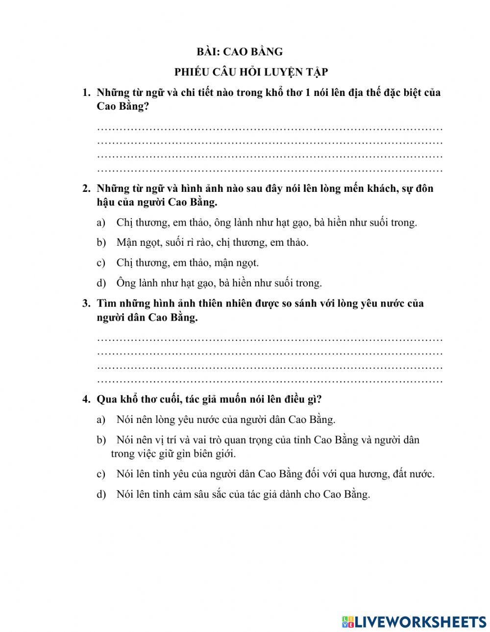 Cao bằng worksheet | Live Worksheets