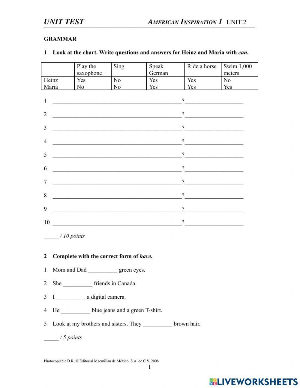 7079159 | AMERICAN 1 UNIT 2 TEST | ENGLISHCLUBBOLIVIA