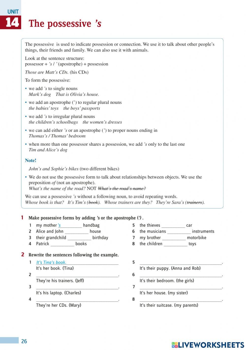 Unit 14. Possessives 2 online exercise for A1 | Live Worksheets