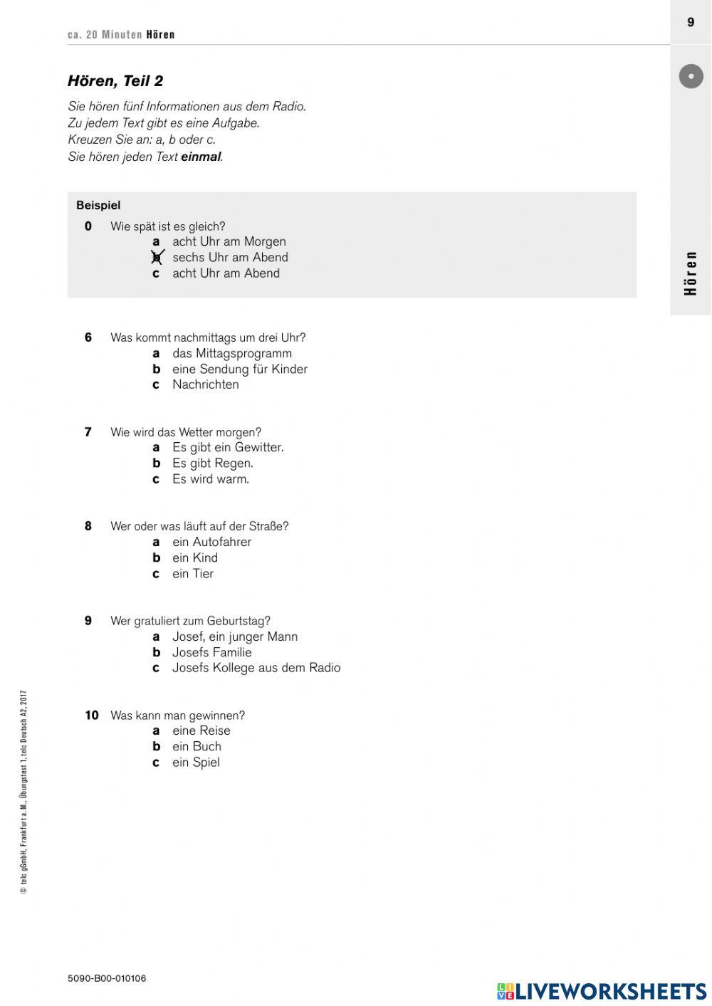 Übungstest A2 Hören und Lesen online exercise for | Live Worksheets