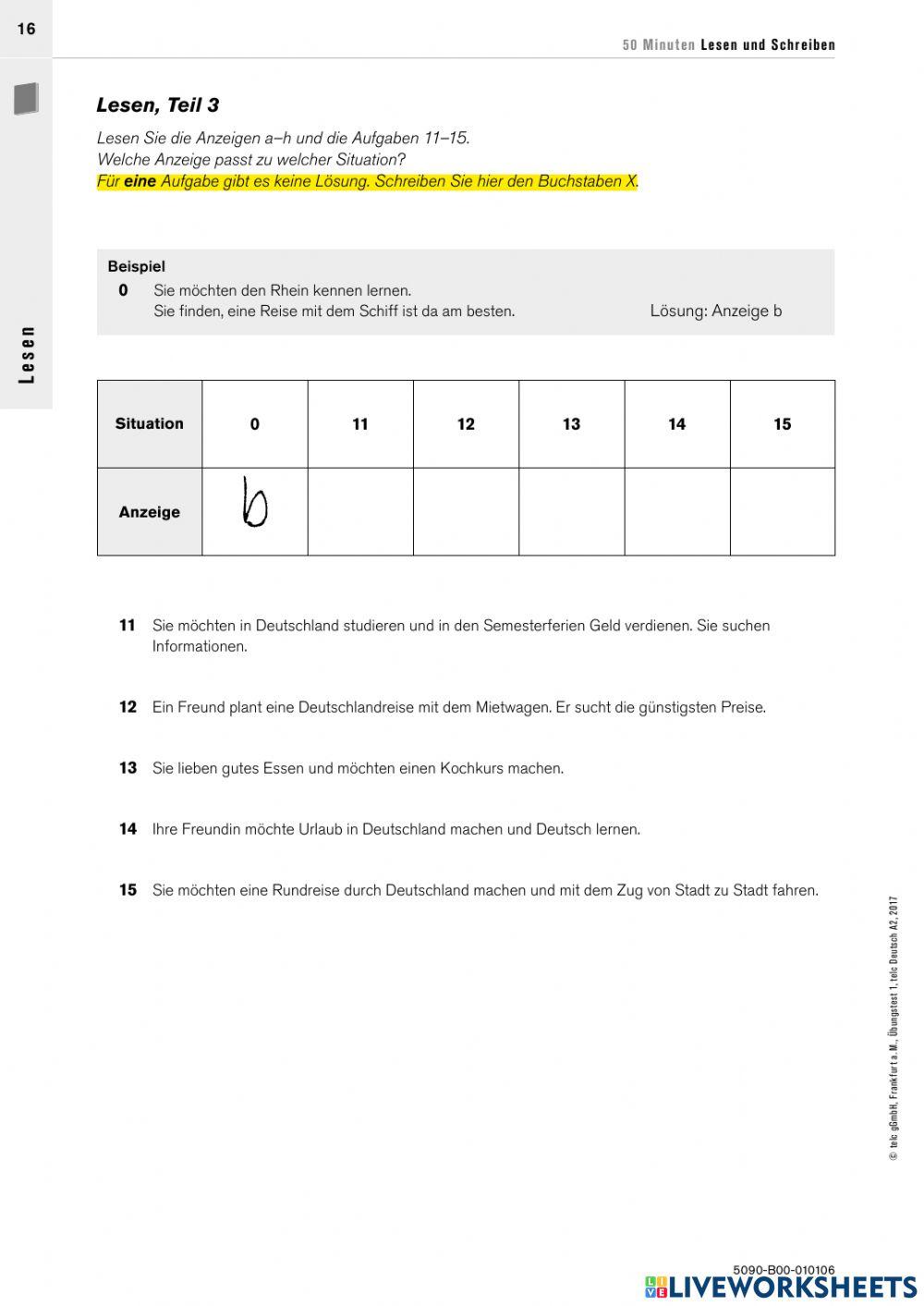 Übungstest A2 Hören und Lesen online exercise for | Live Worksheets