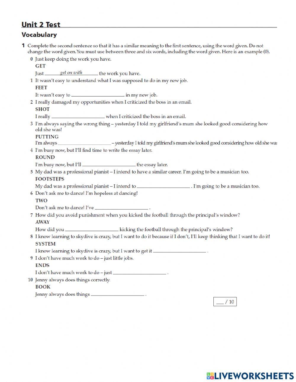 B2.5 Unit 2 test 7107344 | SunielAnai | Live Worksheets
