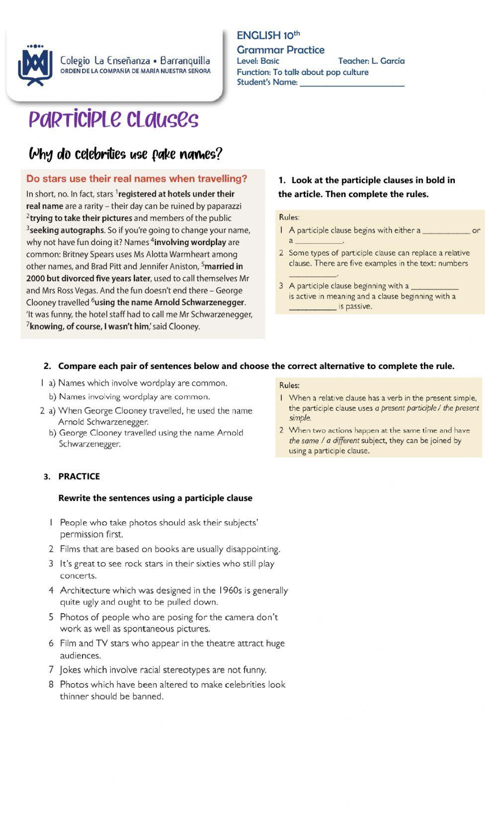 Participle Clauses online pdf activity | Live Worksheets