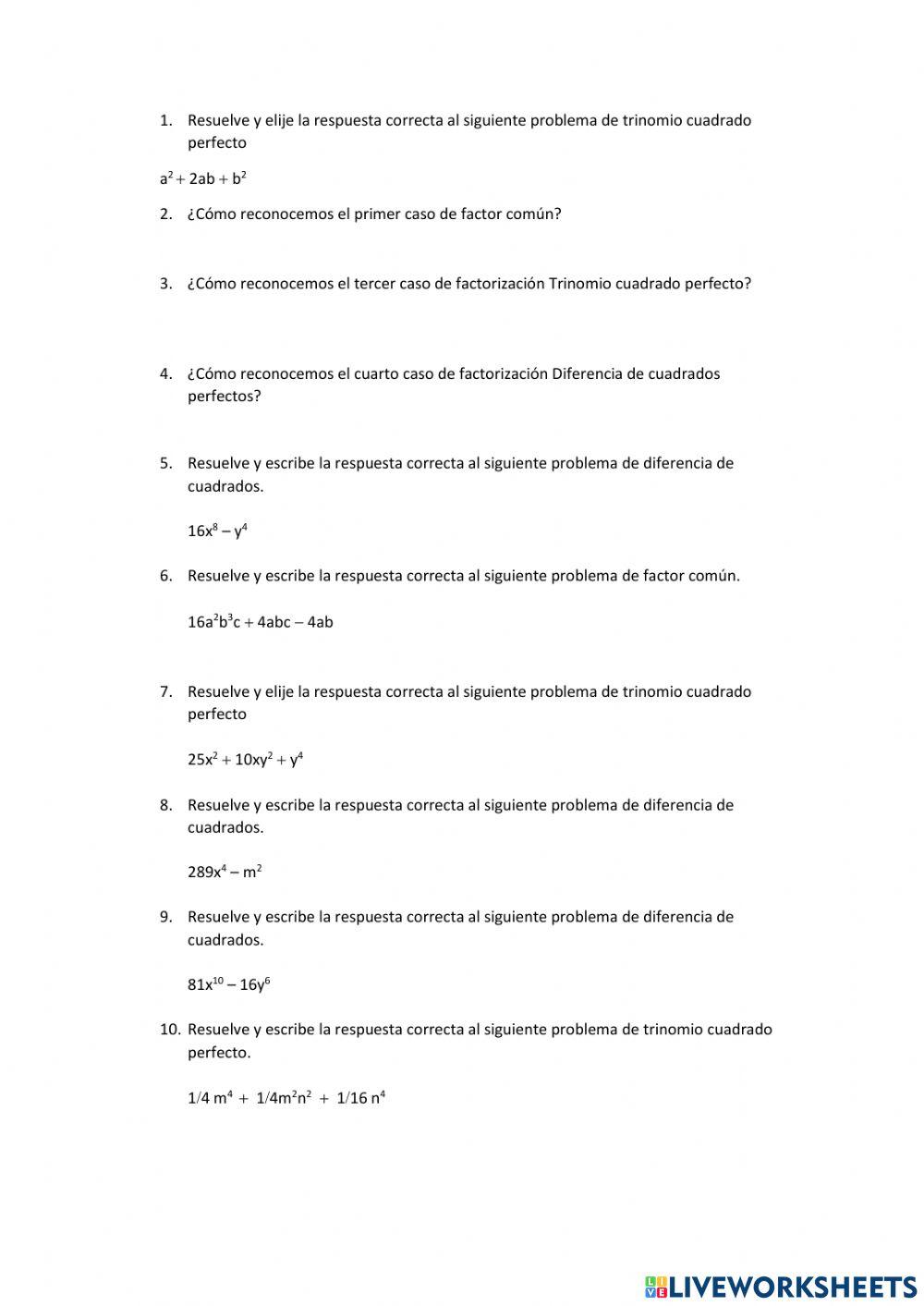 Examen de Matematicas online exercise for 10mo | Live Worksheets