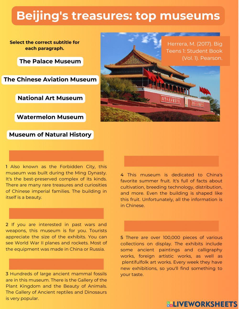 Beijing's treasures: top museums worksheet | Live Worksheets