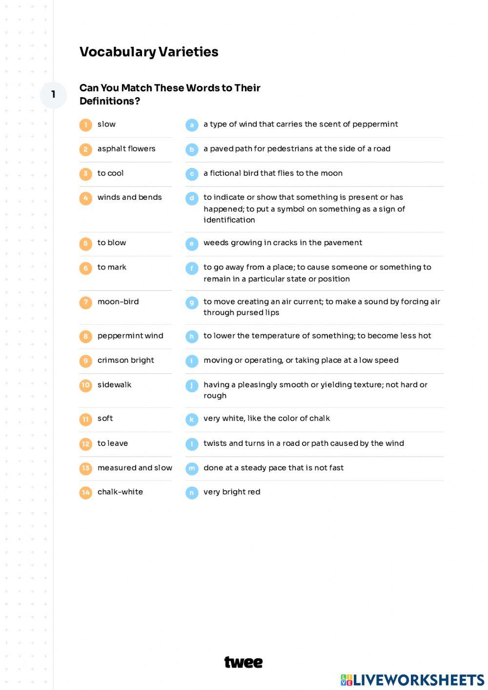 Vocabulary match online pdf exercise for 10 | Live Worksheets
