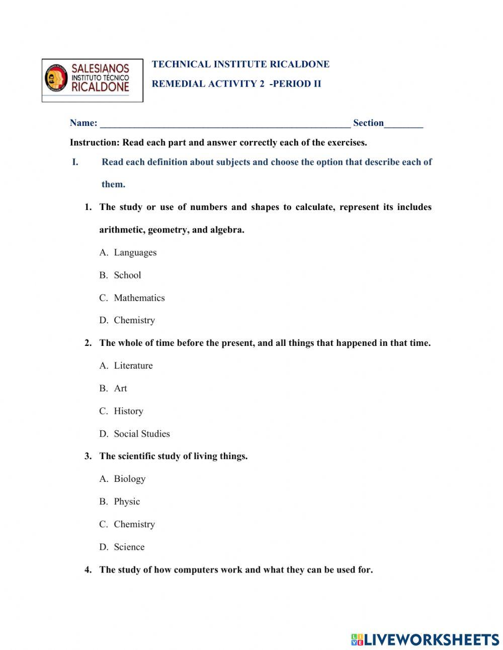 Remedial activity Two worksheet | Live Worksheets
