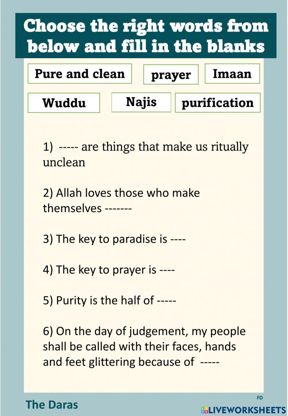 Cleanliness in Islam activity | Live Worksheets