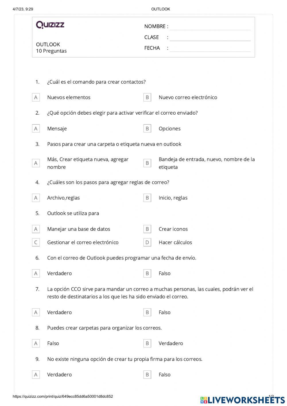 Microsoft outlook worksheet | Live Worksheets