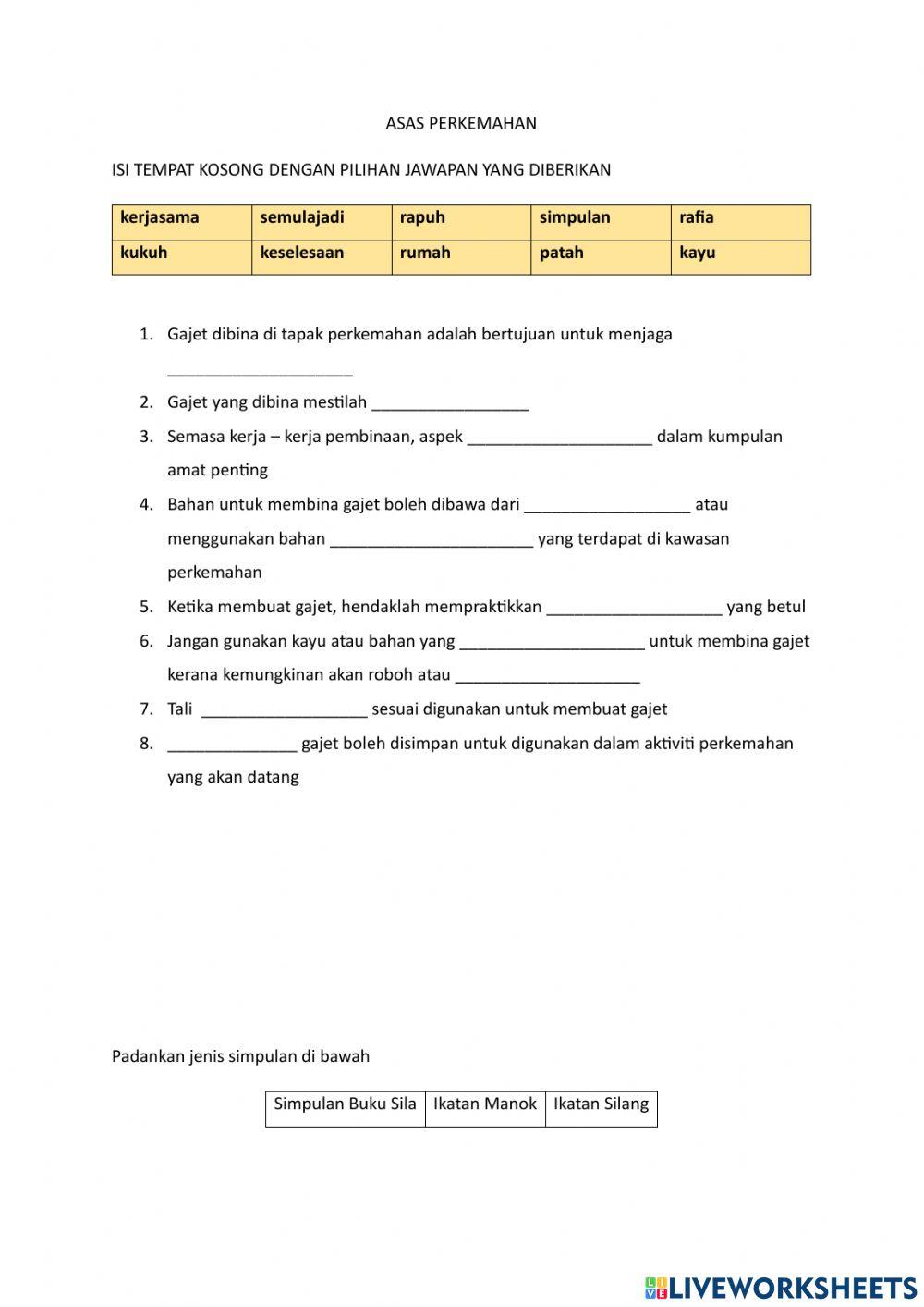 ASAS PERKEMAHAN worksheet | Live Worksheets