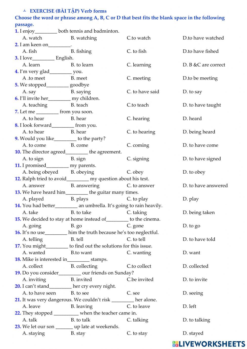 G9- Verb forms worksheet | Live Worksheets