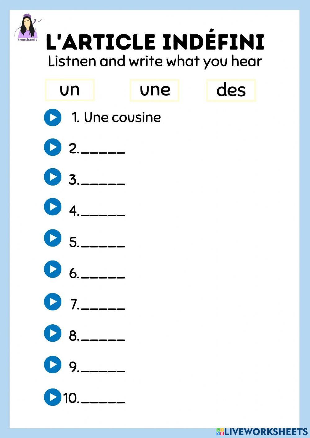 L'article indef… | Free Interactive Worksheets | 7084499