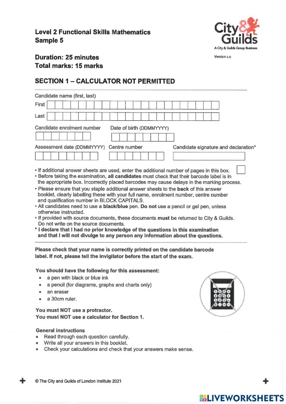 Level 2- Sample 5- Non-Calculator Paper online exercise for | Live ...