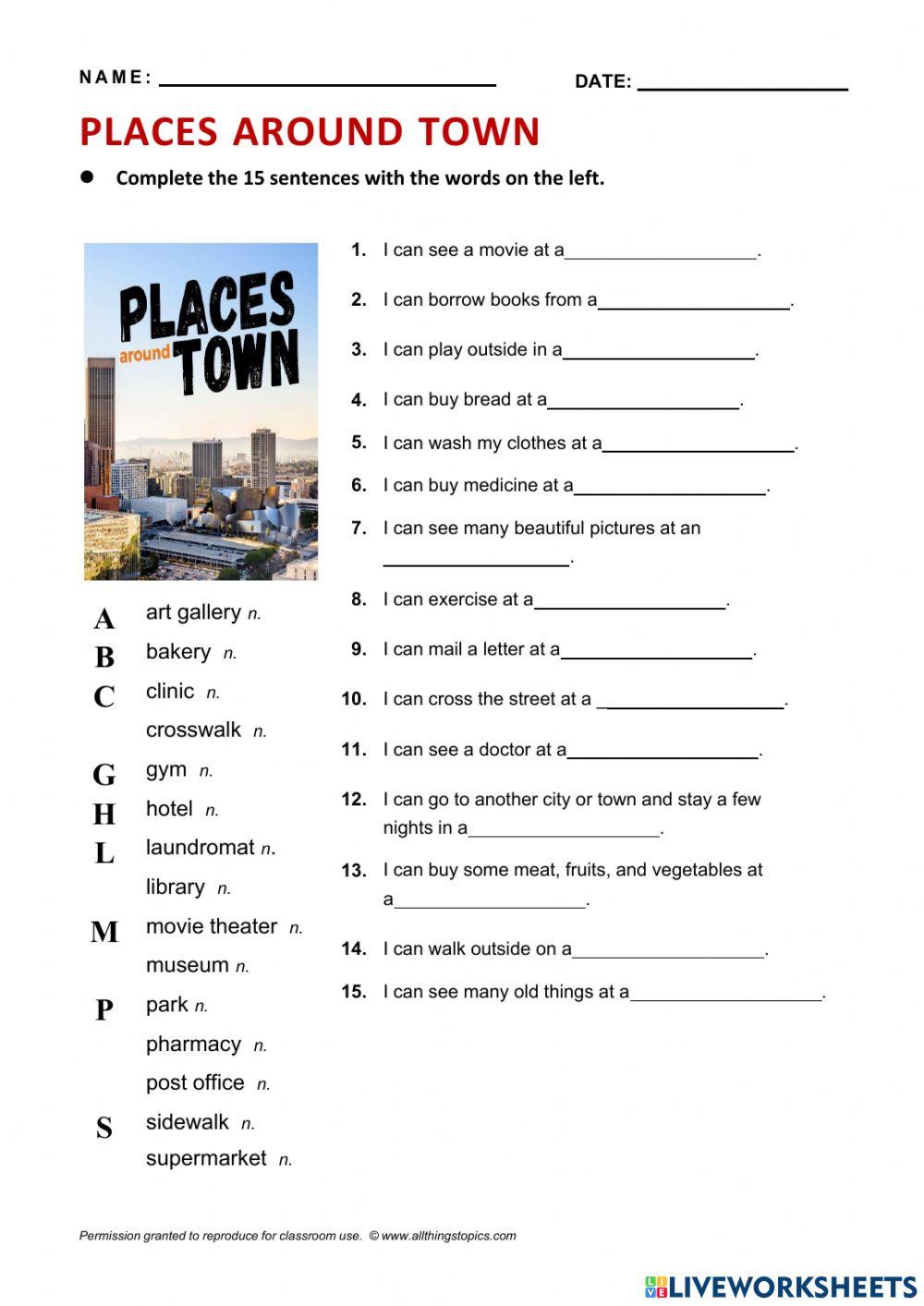 Places around Town free online worksheet | Live Worksheets