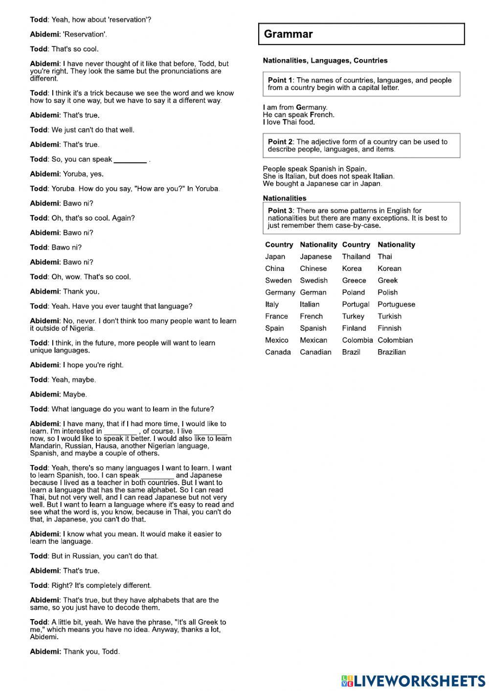 ELLLO-A1-07 - Nationalities online exercise for | Live Worksheets