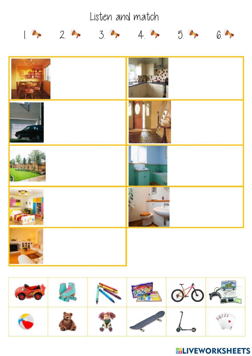 Listen and match toys and rooms worksheet | Live Worksheets