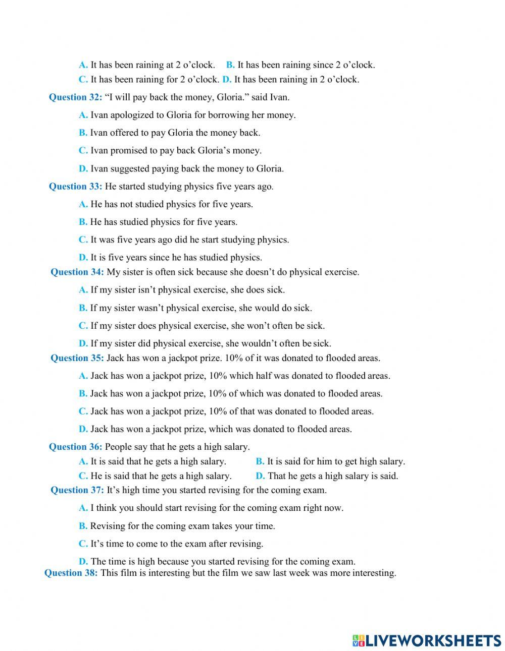 Chuyên đề số 7 part 3 worksheet | Live Worksheets