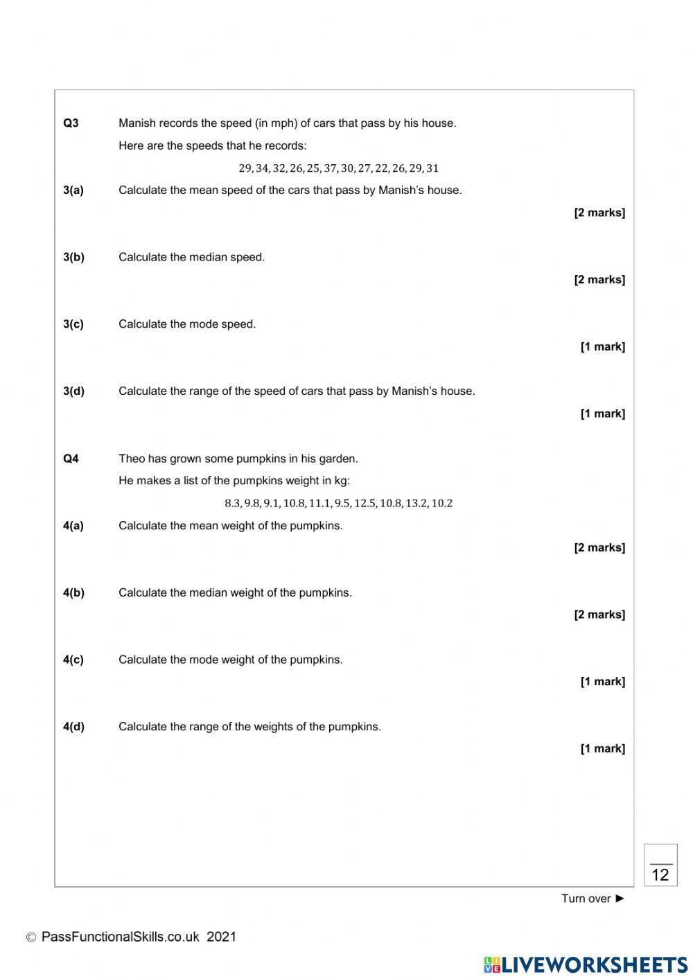 Mean, Mode, Median - Range online exercise for | Live Worksheets