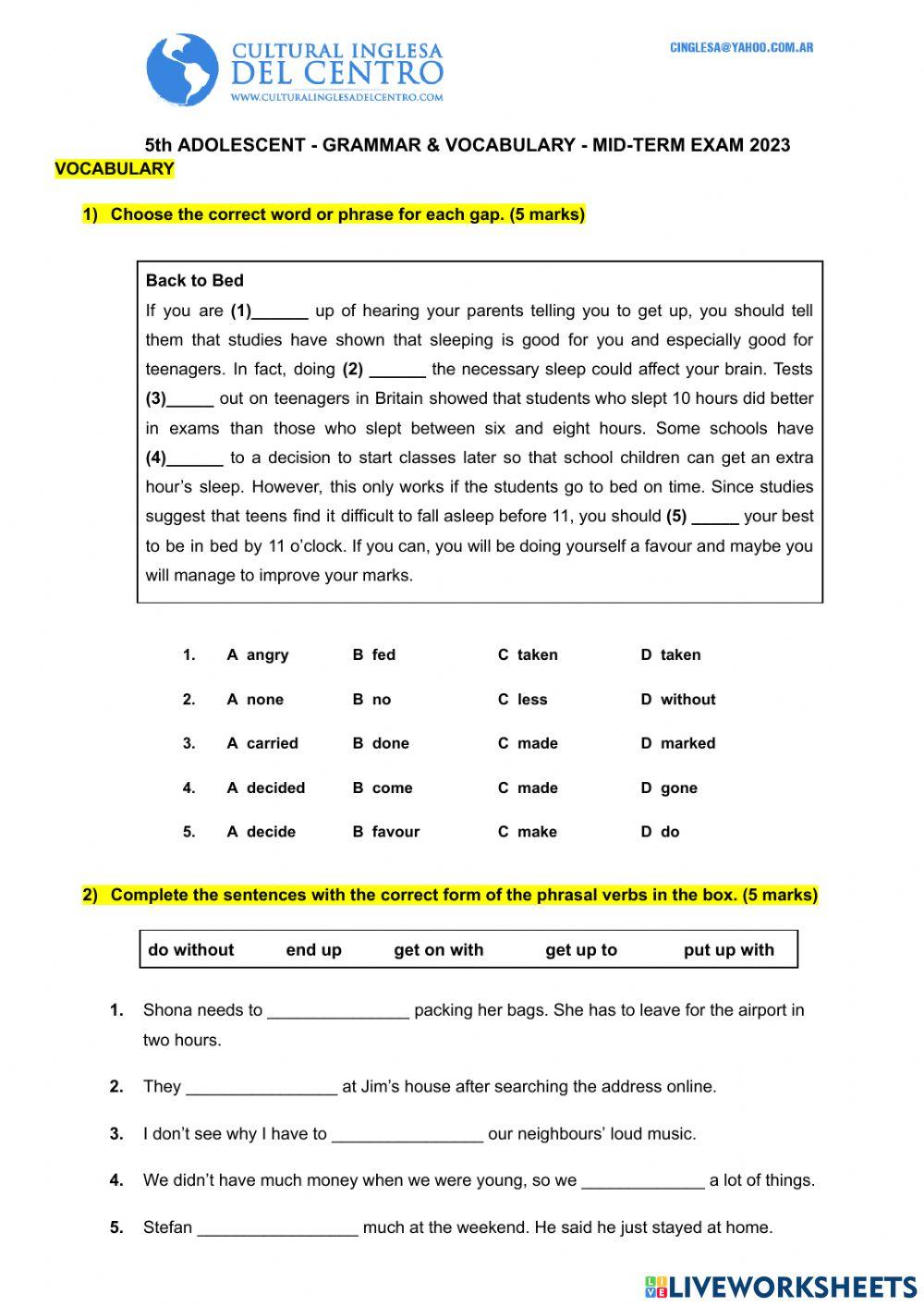 5th adolescent - grammar - vocabulary - mid-term 2023 - CIC online ...