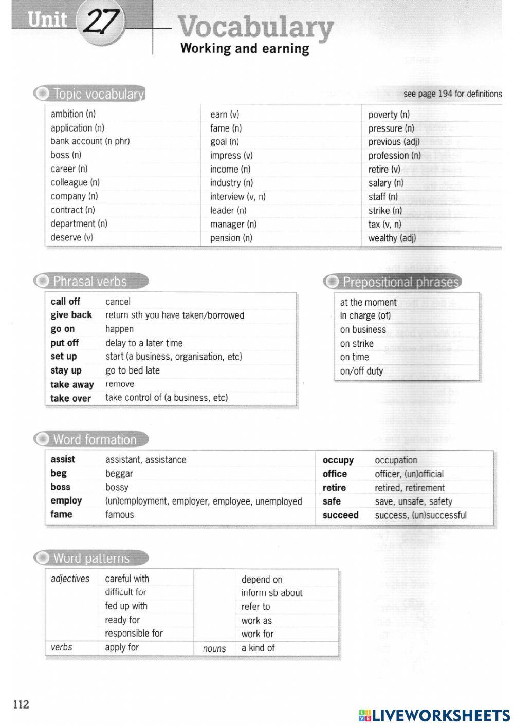 Working and Earning B1 worksheet | Live Worksheets