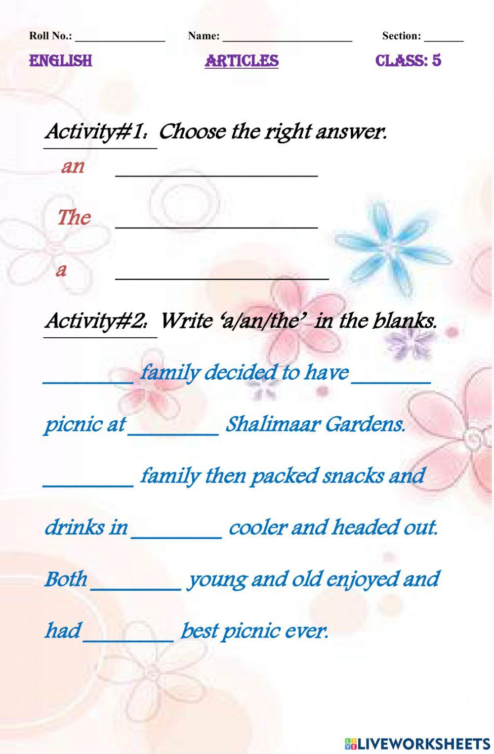 Articles online exercise for 5 | Live Worksheets