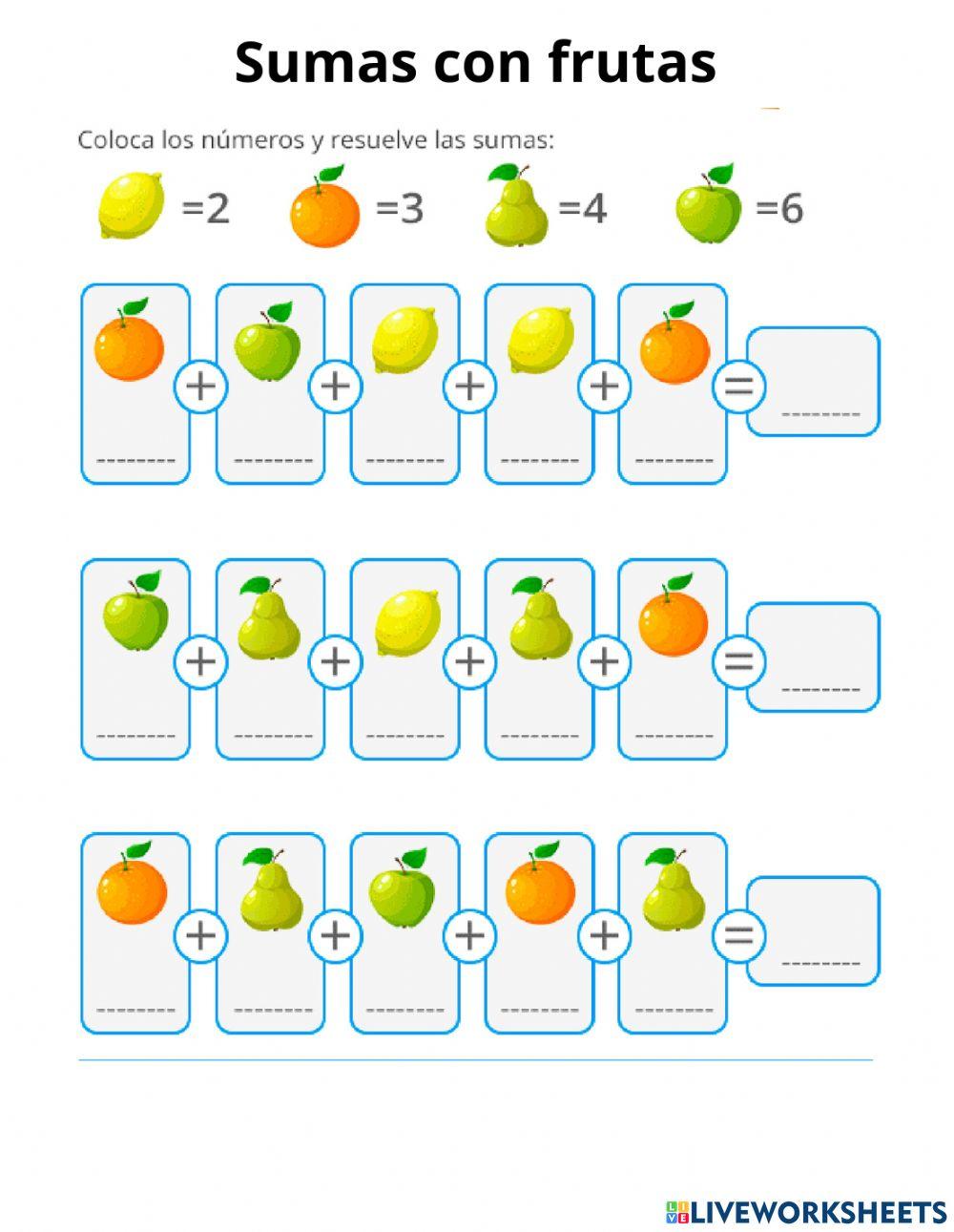Sumas con frutas | Free Interactive Worksheets | 7088764
