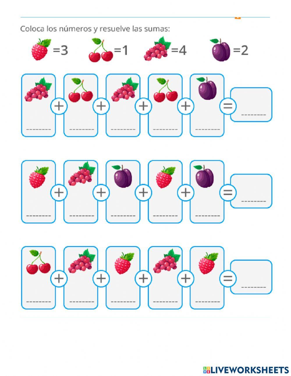 Sumas con frutas | Free Interactive Worksheets | 7088764