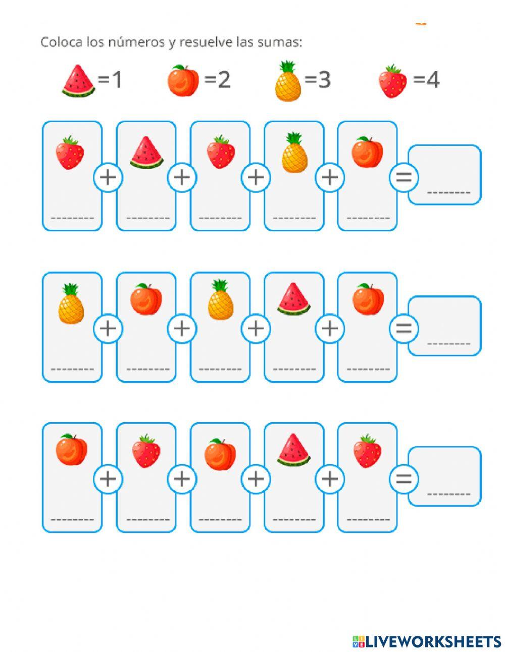 Sumas con frutas | Free Interactive Worksheets | 7088764