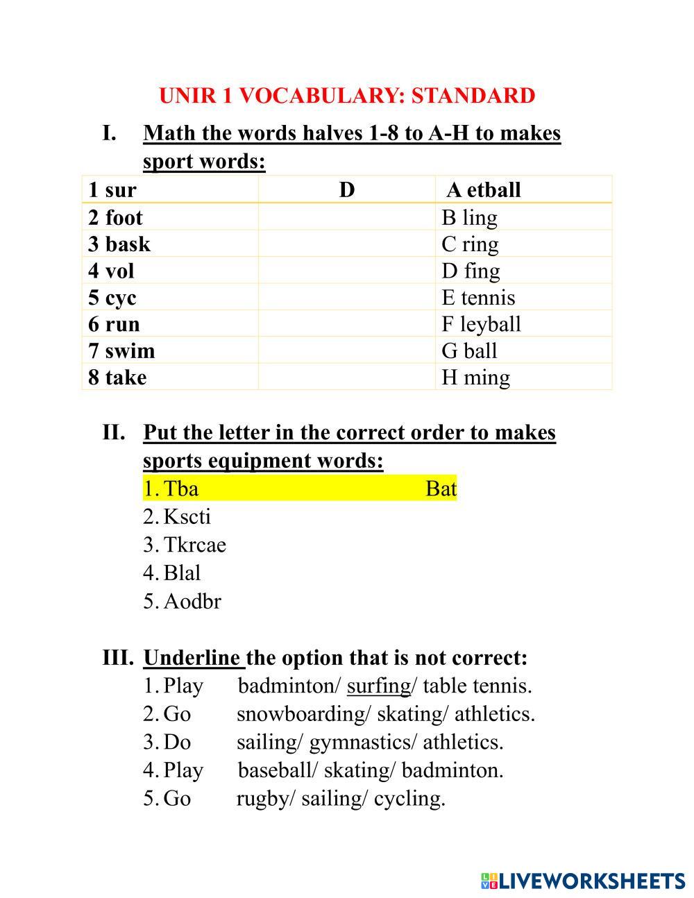 Unit 1 vocabulary: Standard | Live Worksheets
