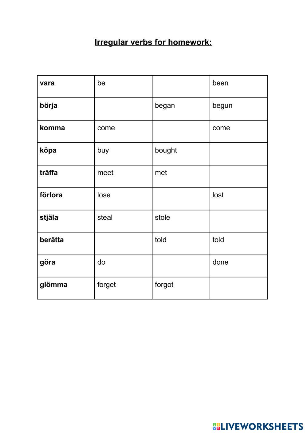 Irregular verbs | Live Worksheets