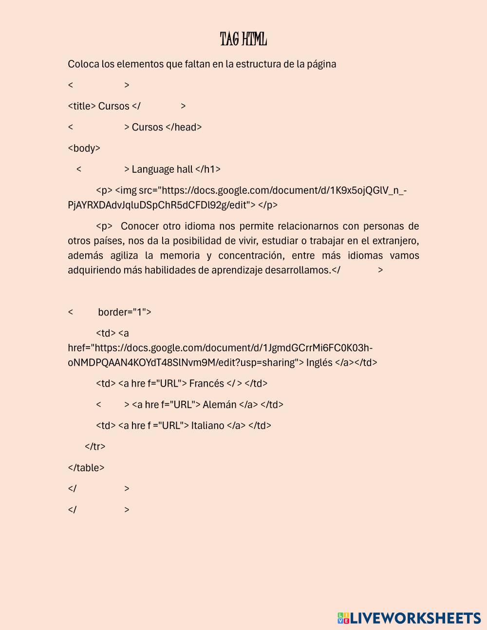 HTML | Live Worksheets