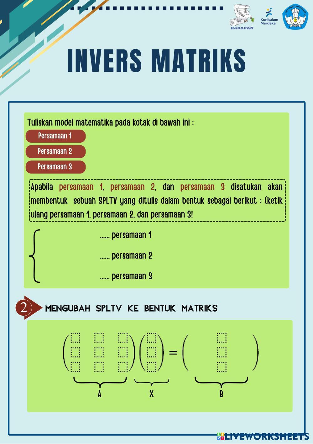 Invers Matriks 3x3 | Live Worksheets