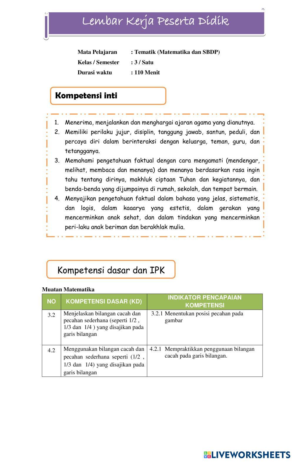 LKPD MTK DAN SBDB kelas 3 | Live Worksheets