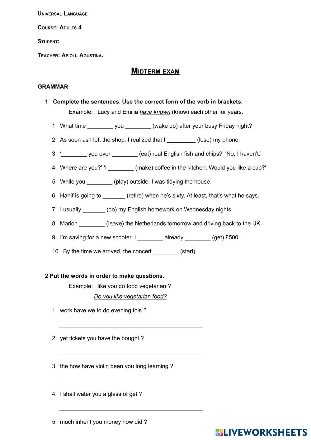 Midterm exam, A… | Free Interactive Worksheets | 7216942