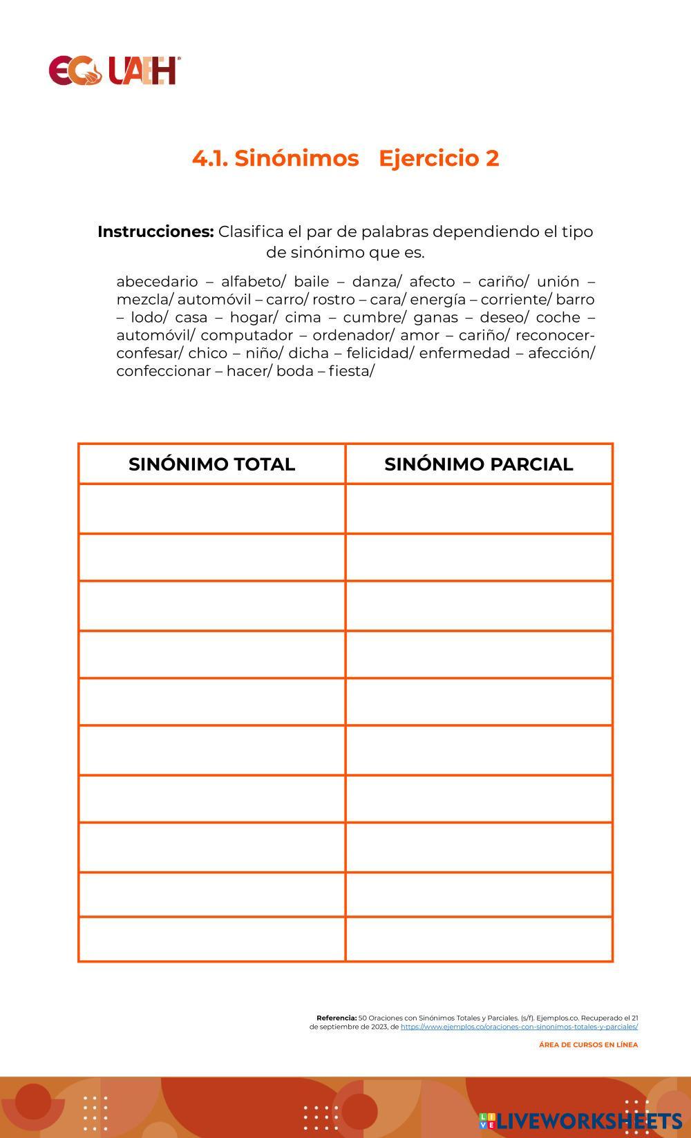 4.1. Sinónimos Ejercicio 2 | Live Worksheets