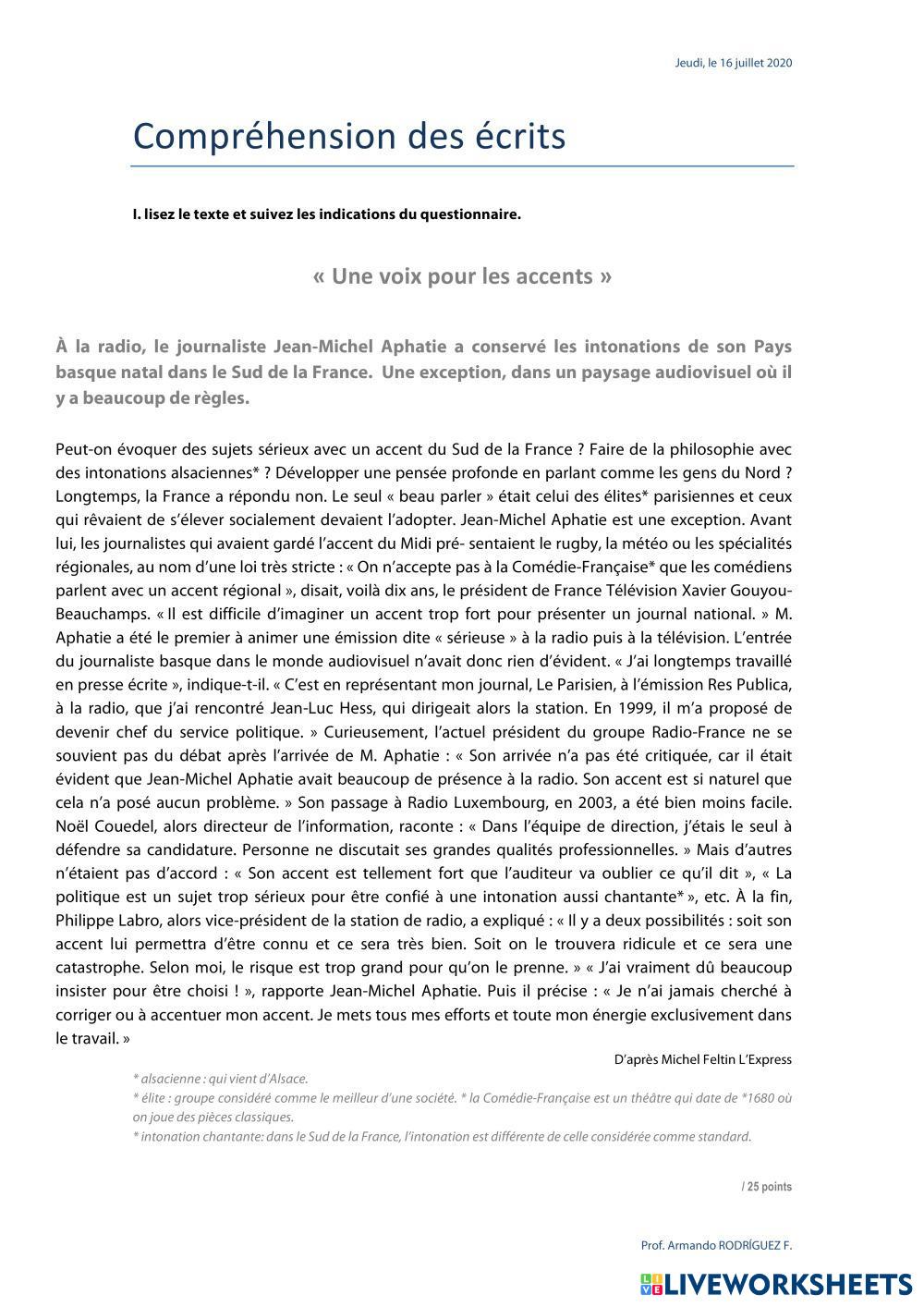 Compréhension des écrits 2 | Live Worksheets