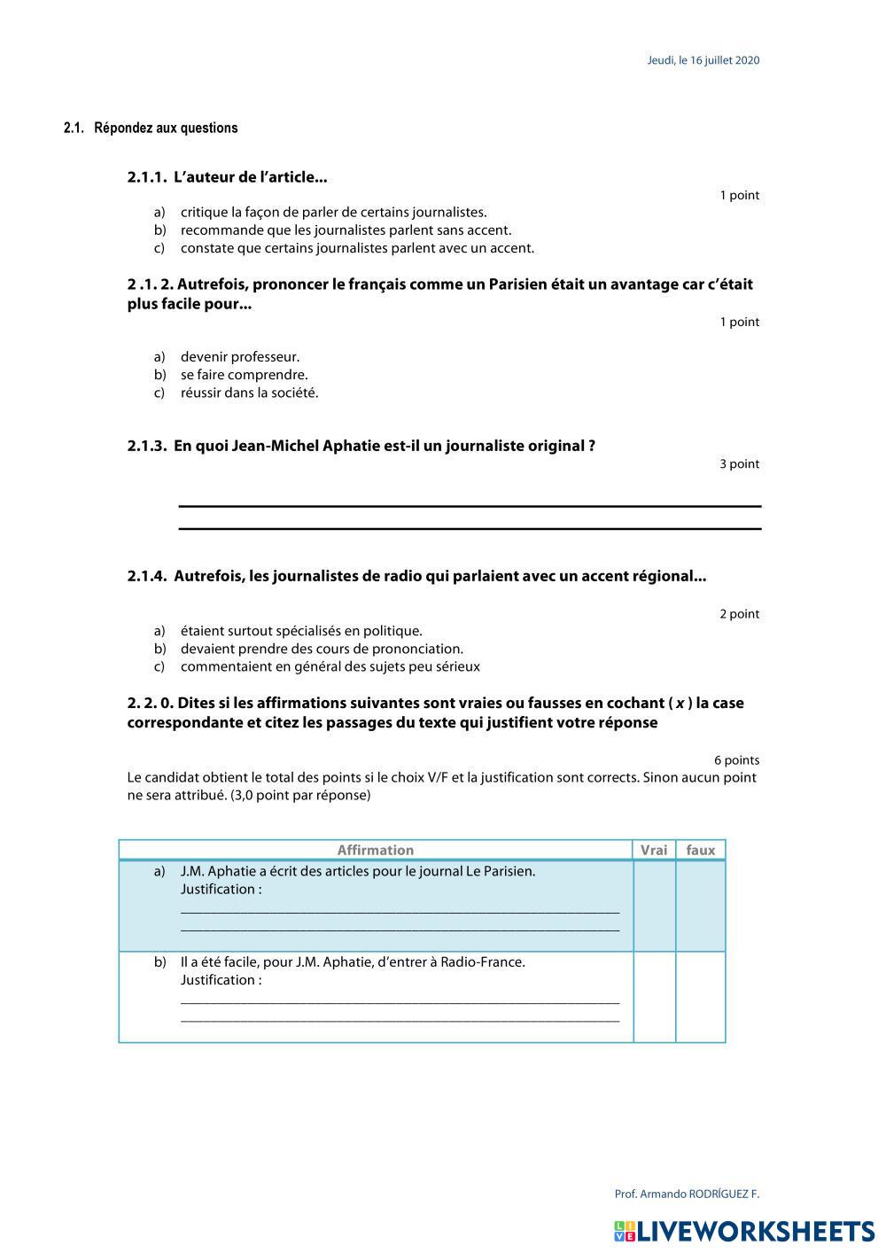 Compréhension des écrits 2 | Live Worksheets