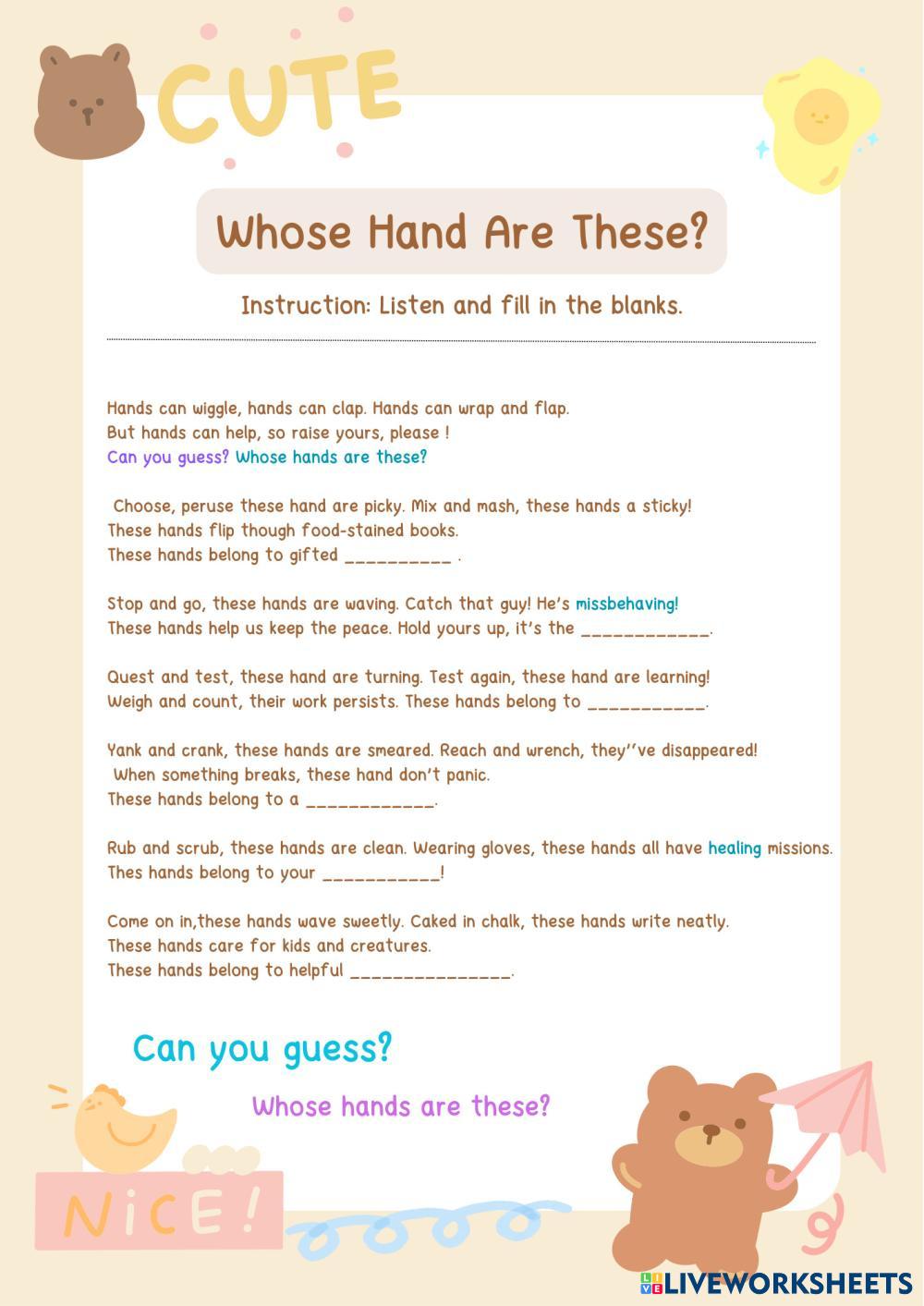 Whose Hand Are These | Live Worksheets