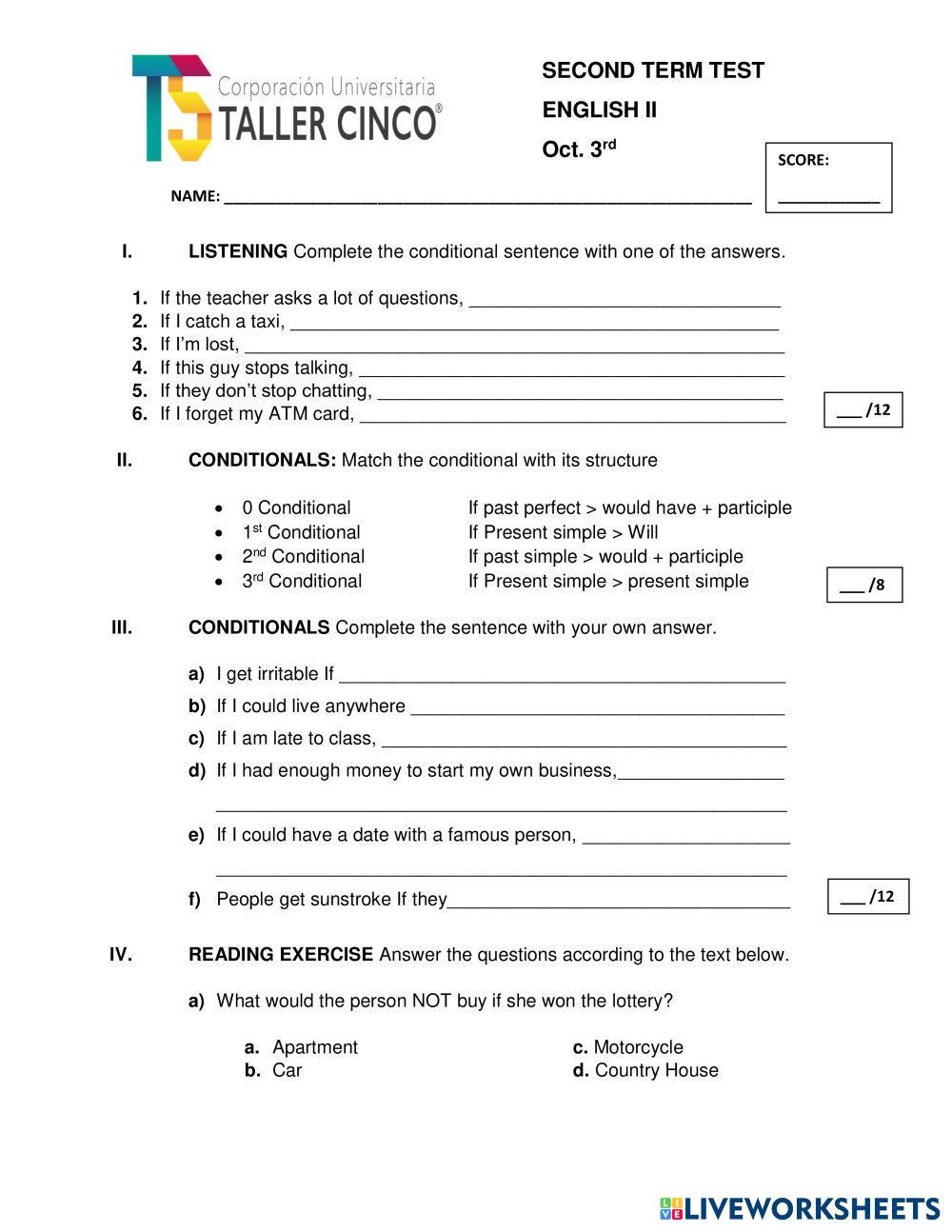 ENGLISH 2 SECOND TERM TEST 2023-2 | Live Worksheets